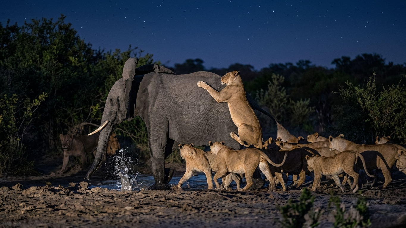 Watch what happens when a herd of lions attacks an elephant at night
