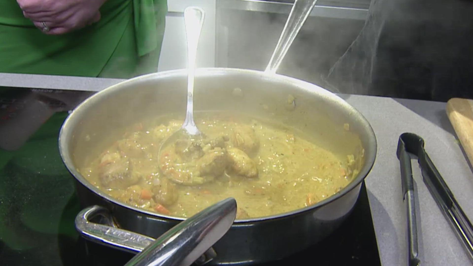 Olivia's curry chicken, mussels and clams in the FOX43 kitchen