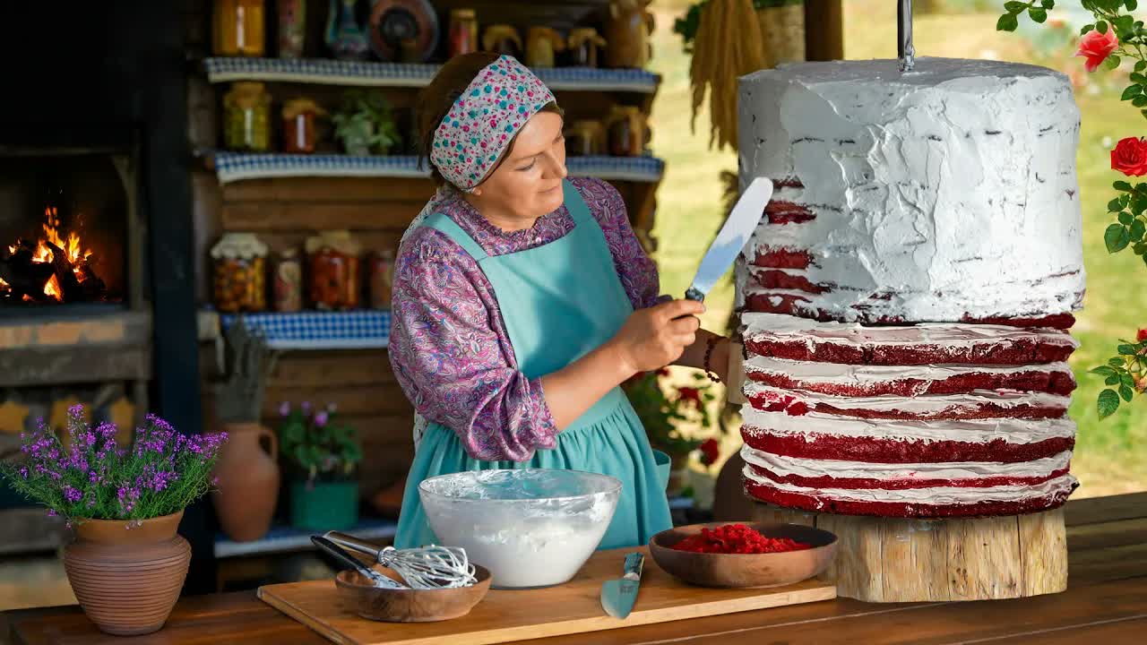Granny’s secret recipe: Moist red velvet cake on a spit