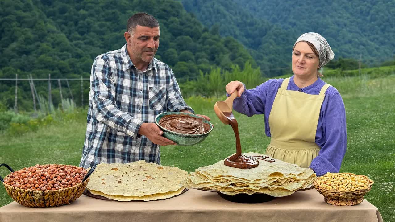 Fresh hazelnuts turned into Nutella - traditional village method