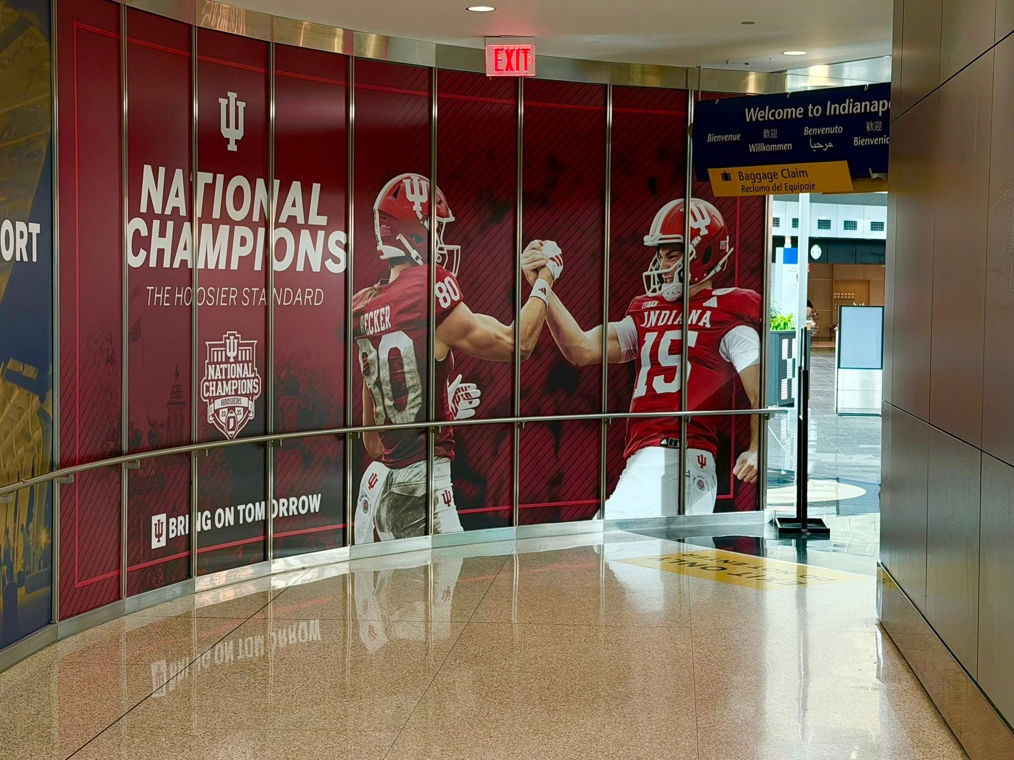 IU national championship picture displayed at IND airport