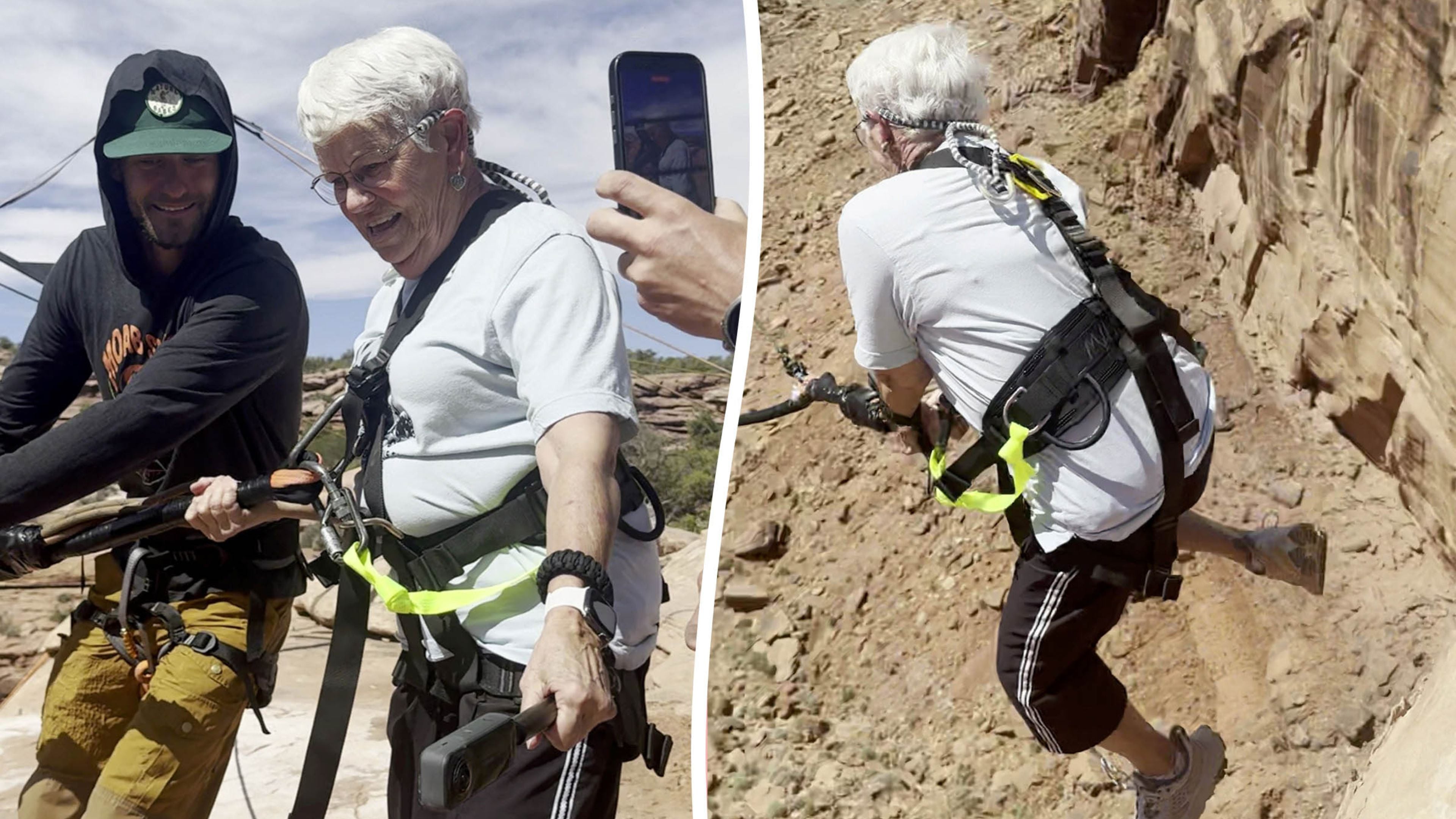 Moment daredevil 78-year-old tackles 500ft rope swing