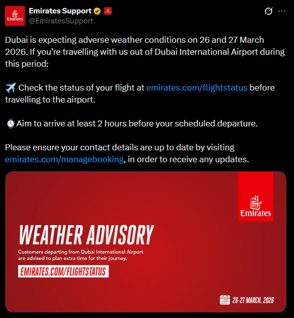 Dubai storm compounds flight disruption as Emirates warns passengers of ...