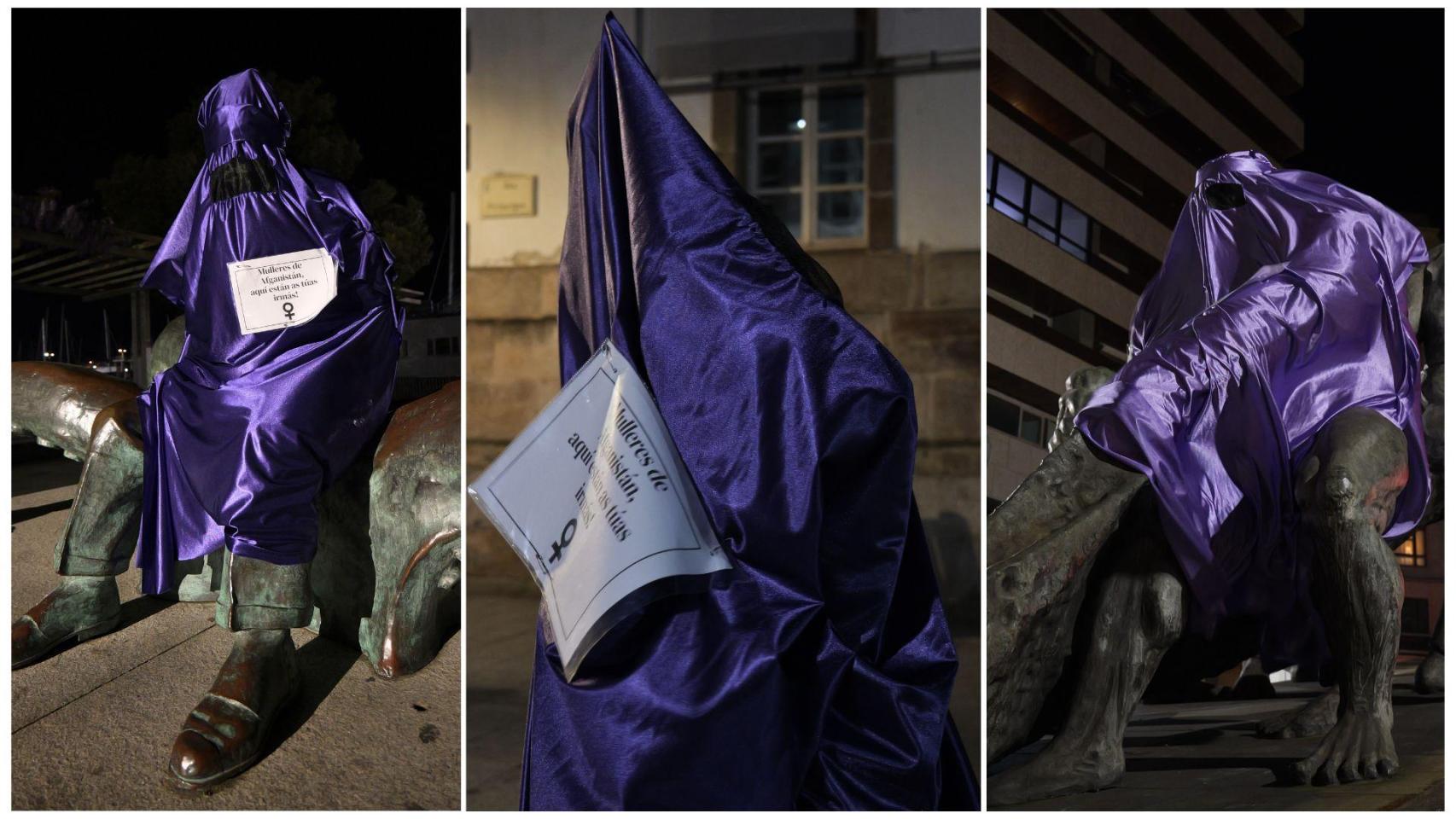 Feministas tapan tres estatuas de Vigo con burka en protesta por la ...
