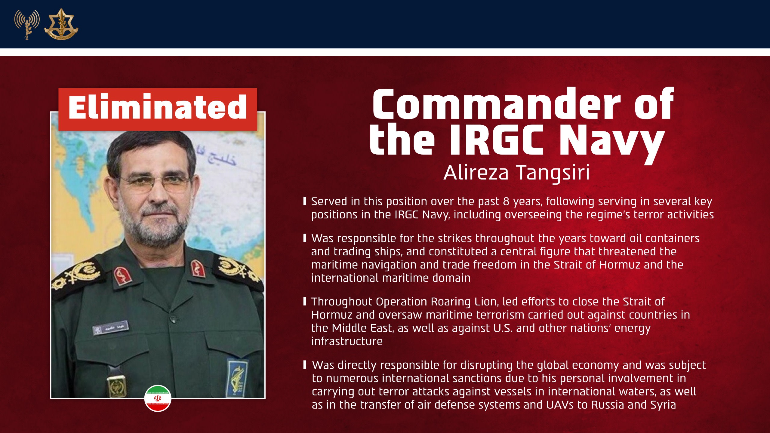 Israel kills Alireza Tangsiri, IRGC Navy chief behind blocking of ...