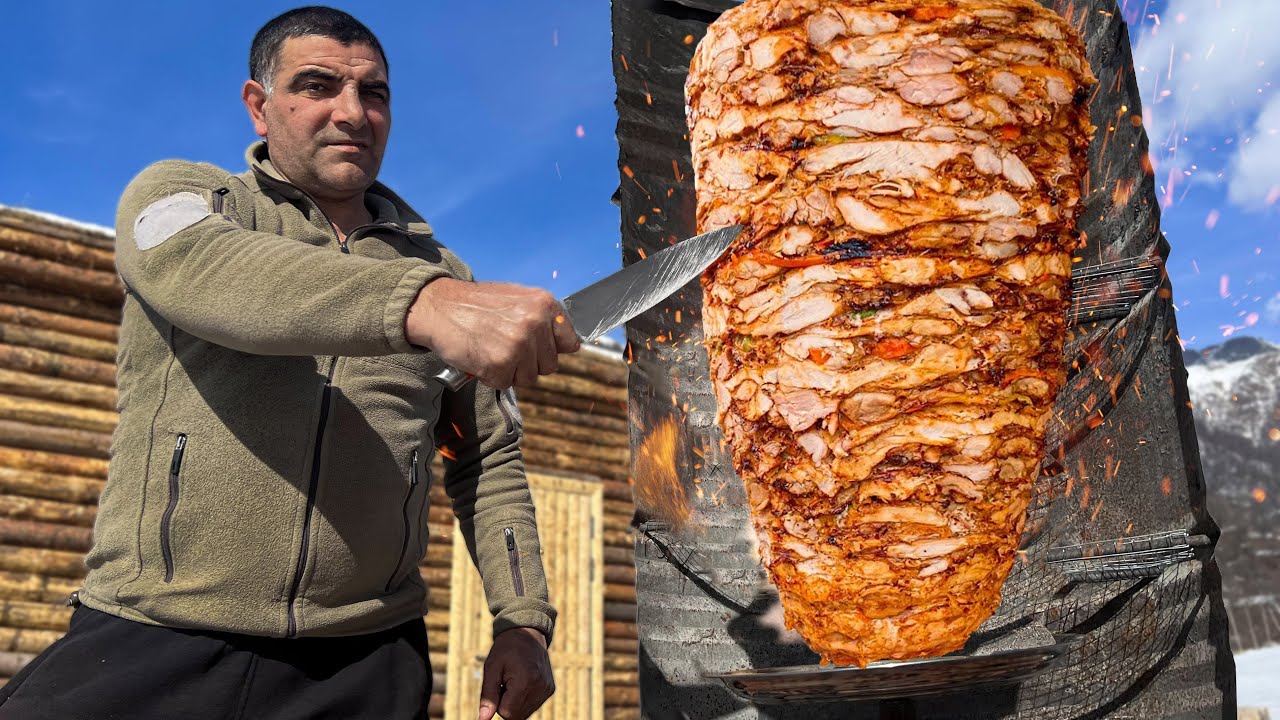 Rustic chicken shawarma on a spit - A juicy oriental village recipe