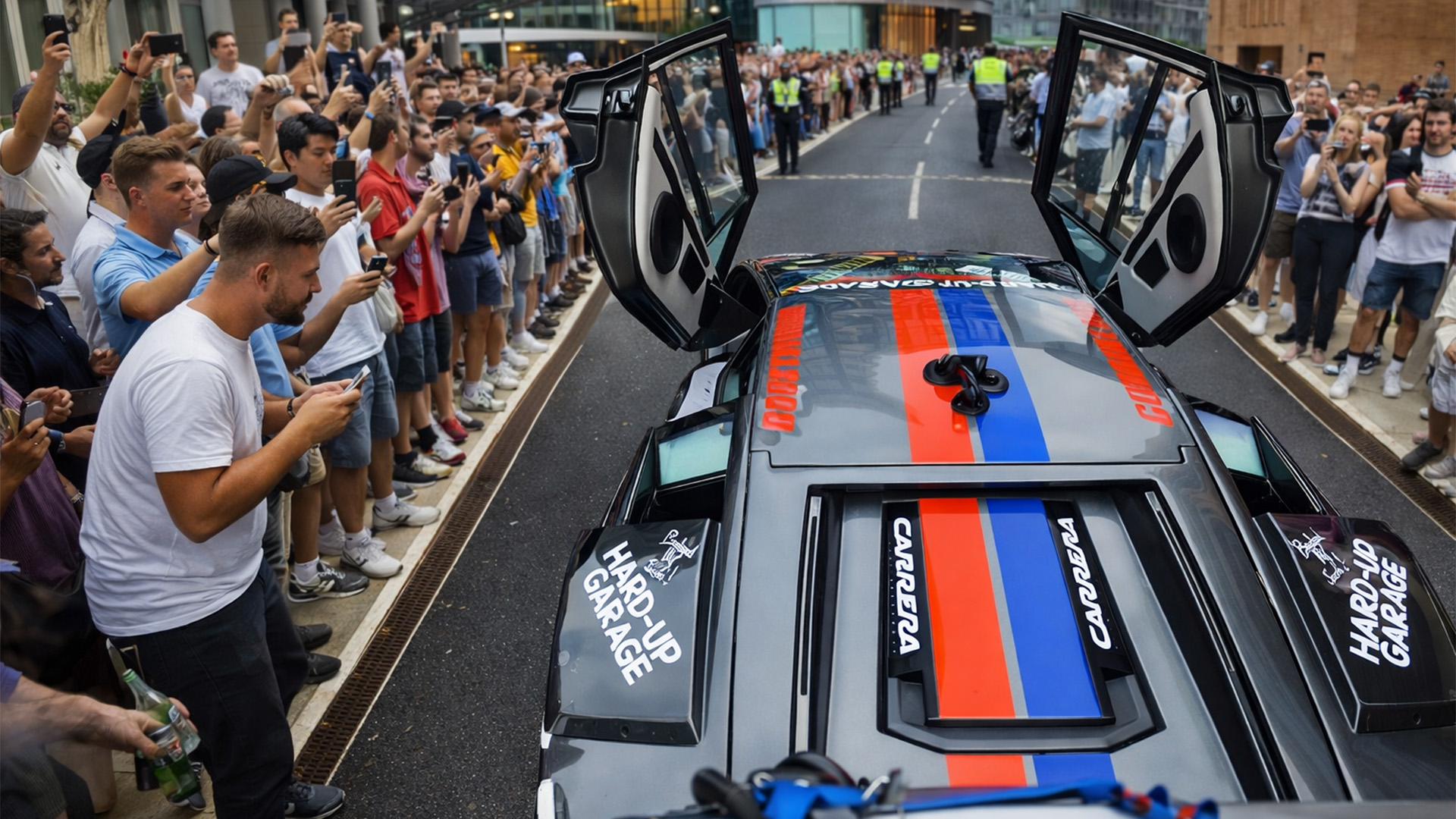 A fake Lamborghini blended into Gumball 3000