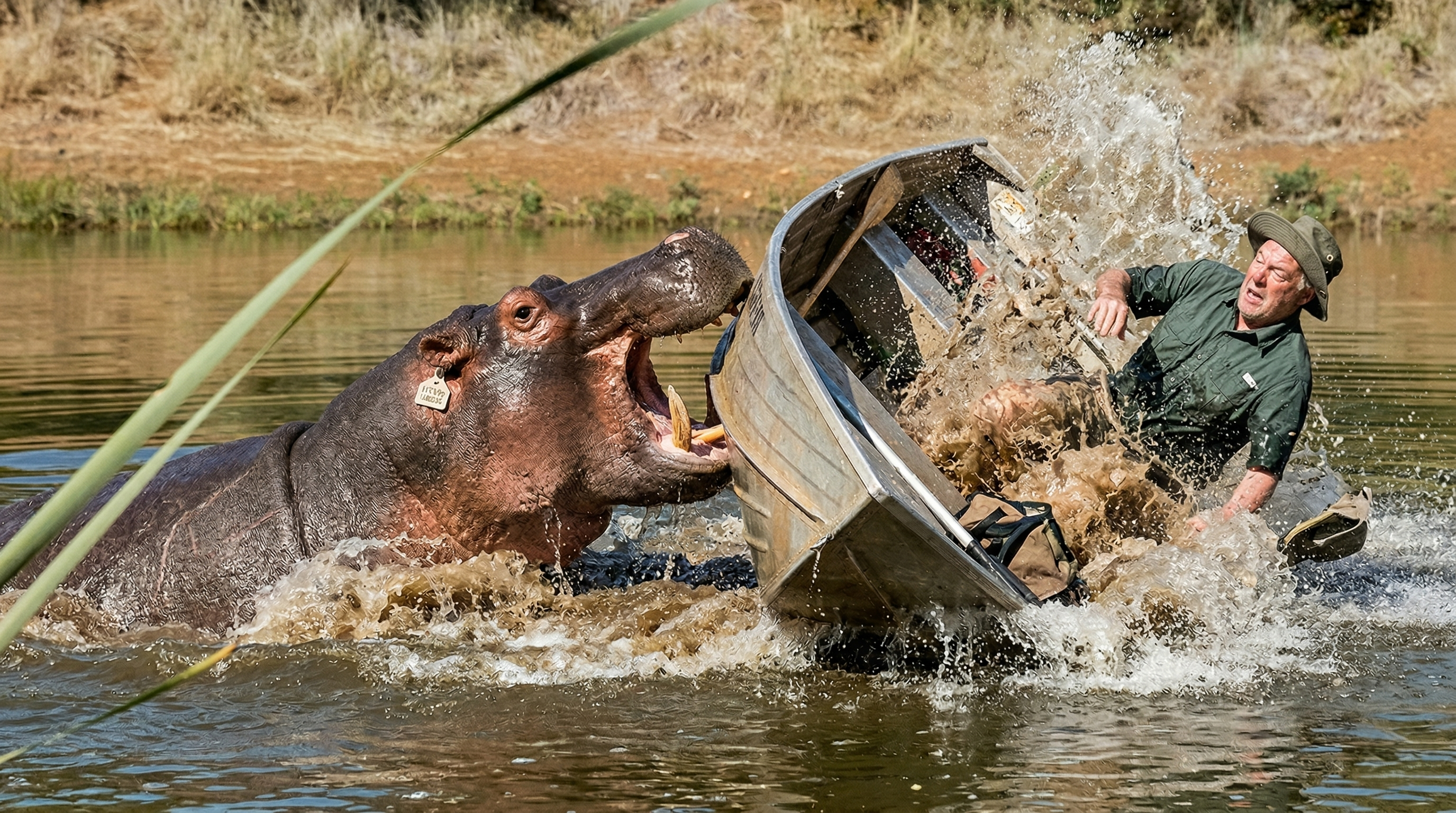 Watch what happens when a hippo attacks a boat and flips it instantly
