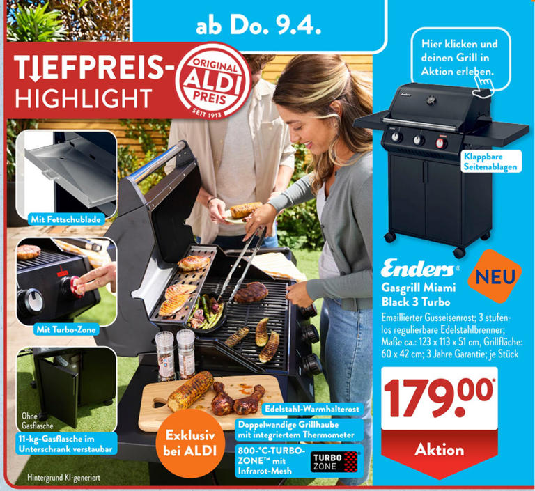 Aldi verkauft Donnerstag einen Gasgrill mit drei Brennern, der beim ...