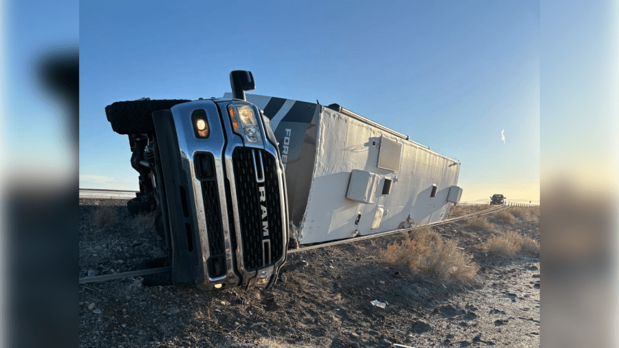 High winds topple pickup truck hauling large trailer near Wendover