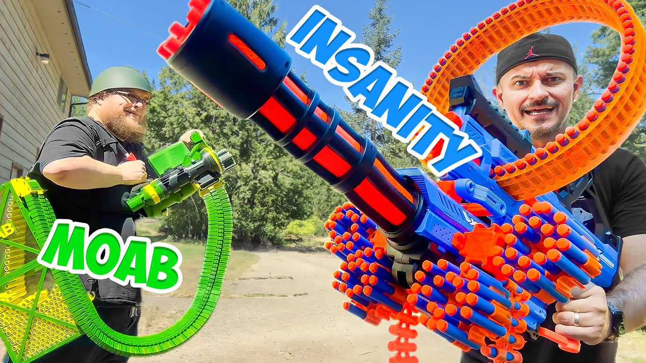 Epic Nerf war showdown! Machine Gun Danny vs. Walcom's MOAB minigun