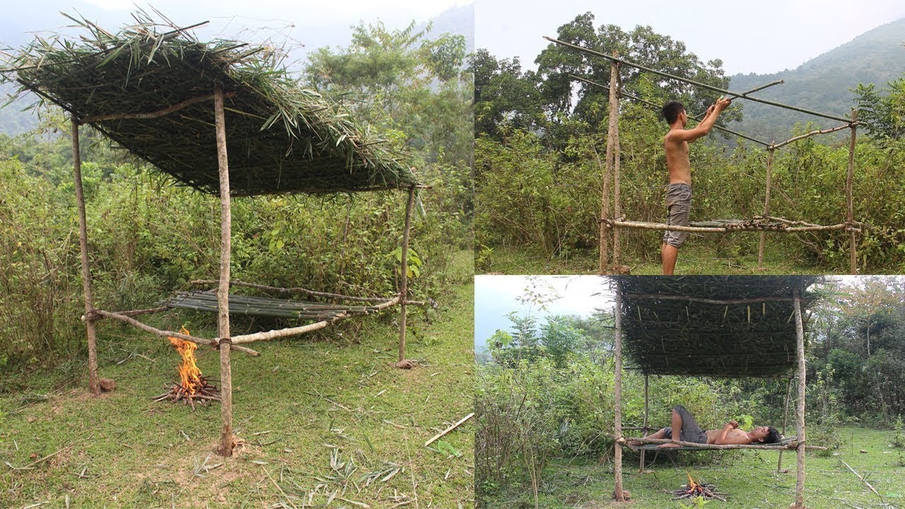 Primitive technology: Build bed shed using only primitive tools and ...
