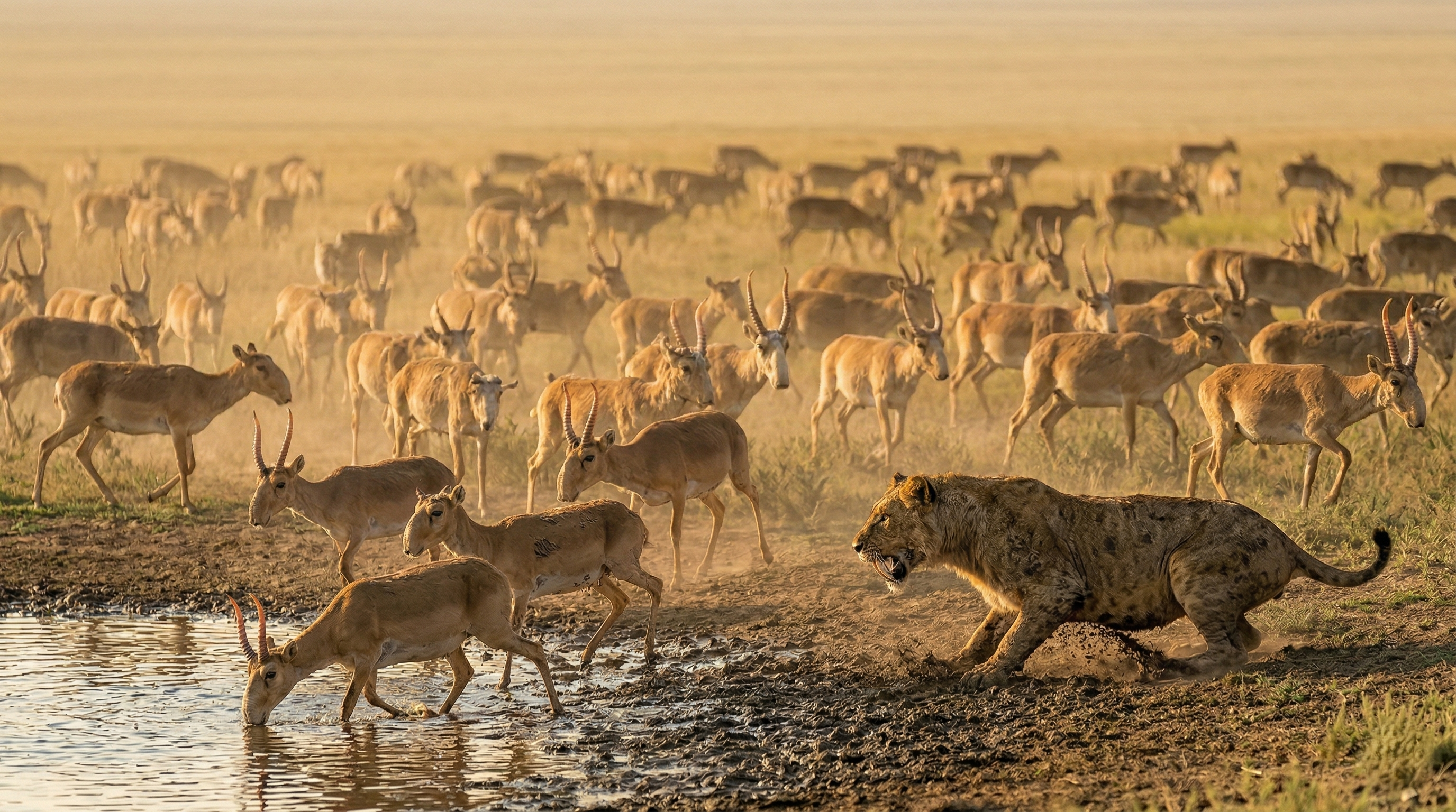 Watch what happens when a saiga herd faces a deadly predator attack
