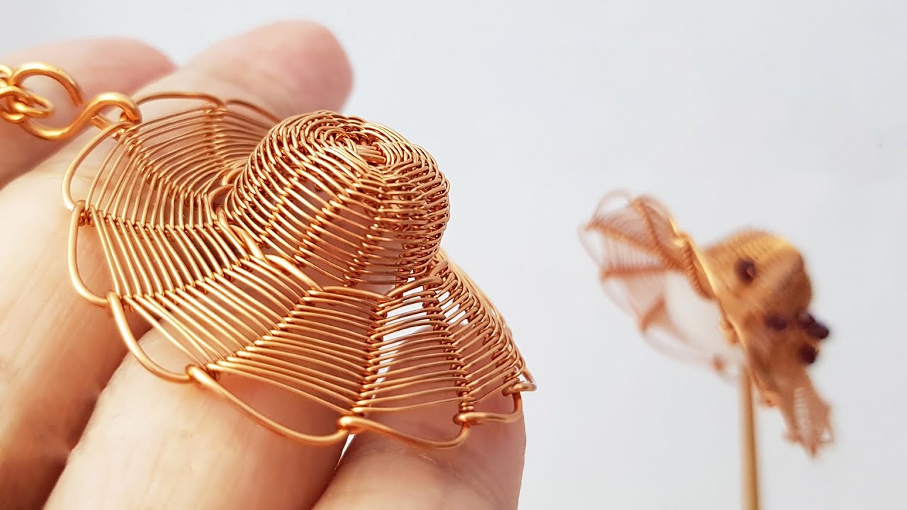 Wide-brim hat for summer beach from copper wire - pendant or decorated 538