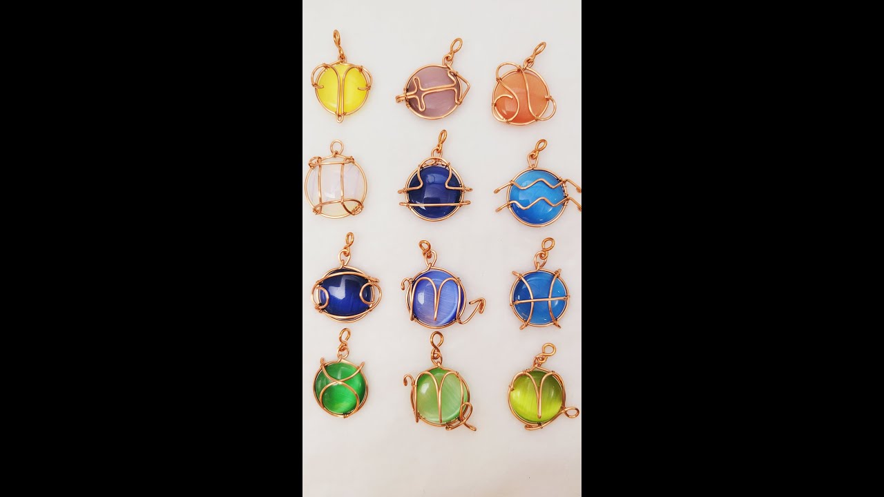 12 zodiac signs | Pendant from copper wire and round cabochon stone ...