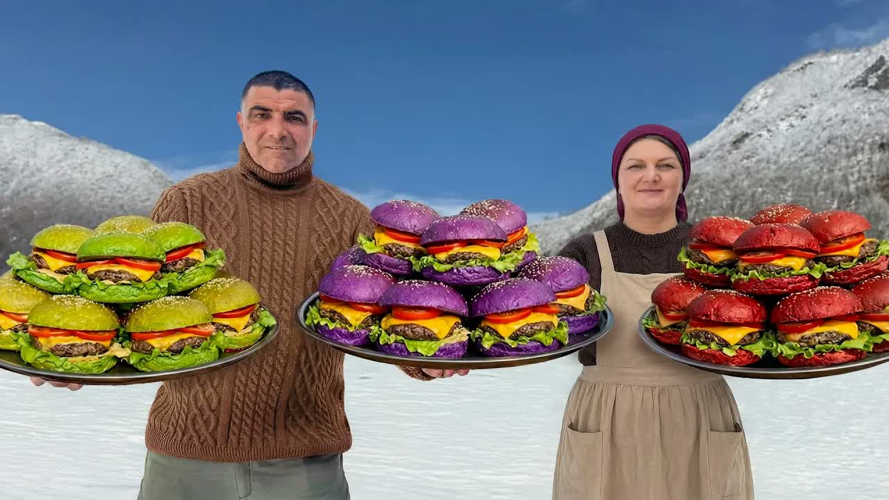 Outdoor cooking rainbow burgers with veggie buns