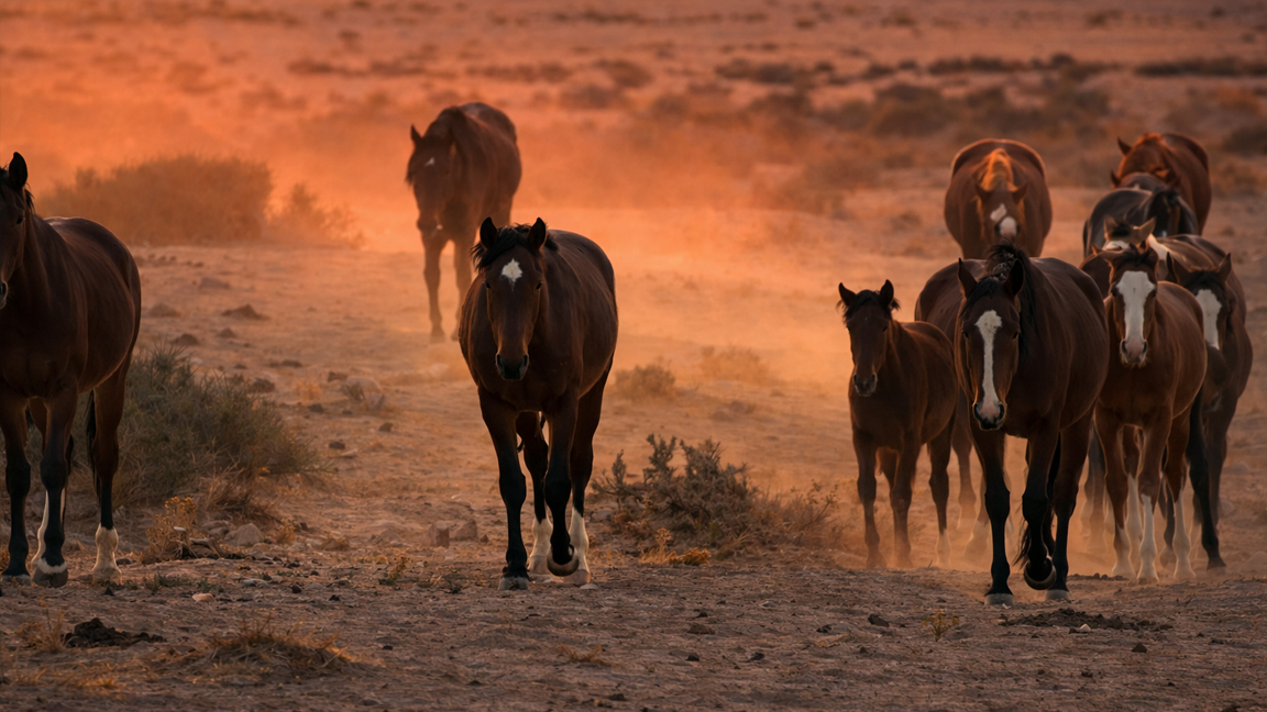 Vista impactante de caballos caminando al atardecer en el desierto
