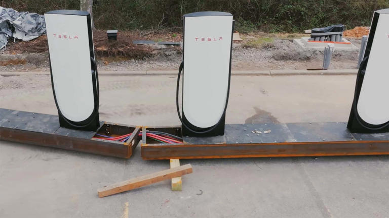 Tesla's new folding supercharger units cut installation time in half