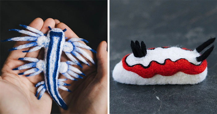 34 odd felted figurines based on real sea slugs