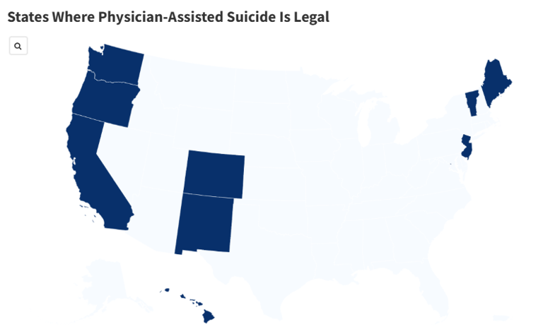 Map shows states where doctor-assisted suicide is legal as NY bill advances