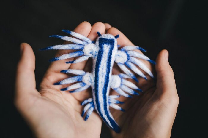 34 odd felted figurines based on real sea slugs