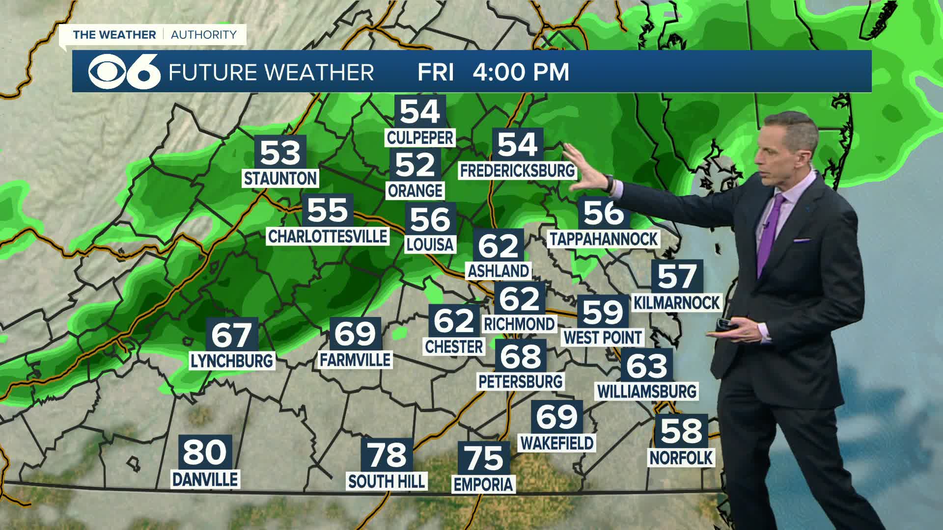 Hour-by-hour: Temps drop as rain chances increase from north to south
