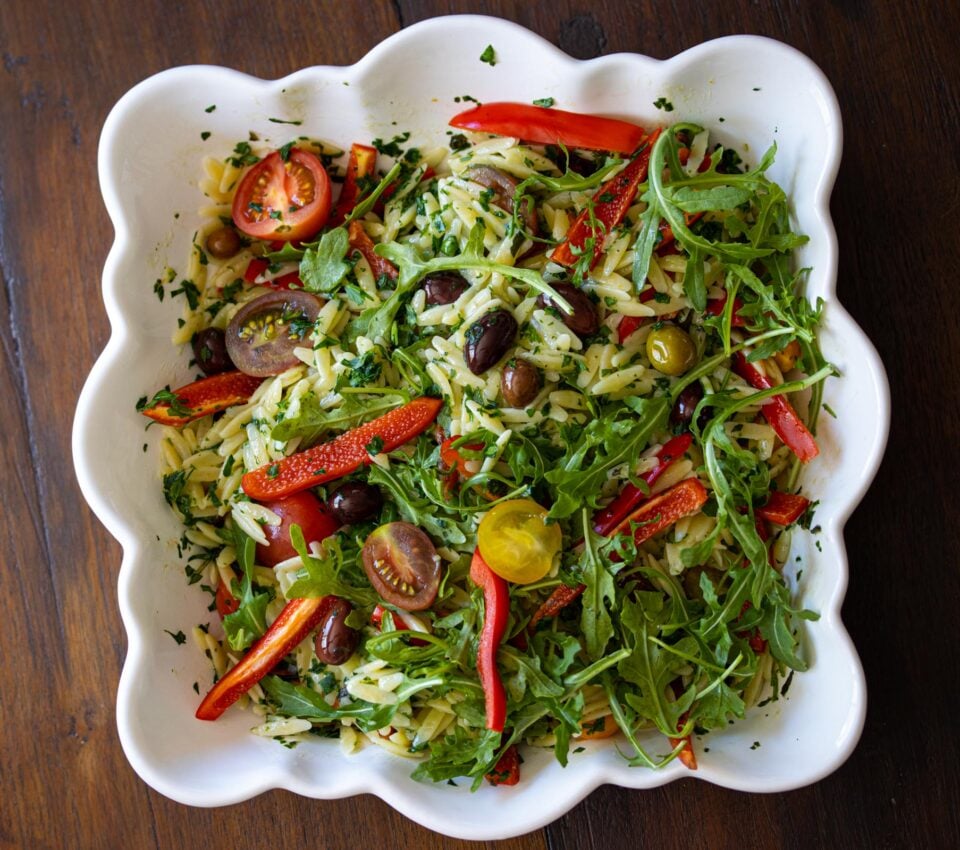 Summer Refreshing Orzo Pasta Salad With Basil Butter, Peppers, Tomatoes