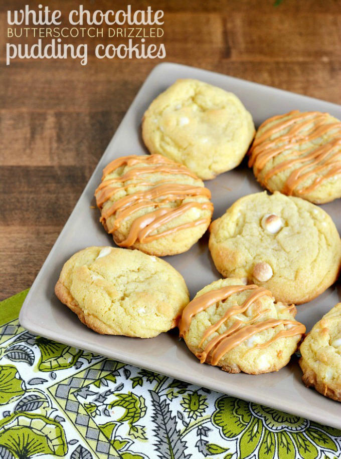 White Chocolate Pudding Cookies with Butterscotch Drizzle