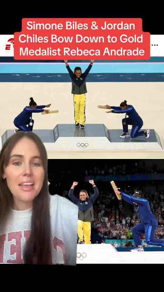 Simone Biles & Jordan Chiles Bow Down to Gold Medalist Rebeca Andrade Simone Biles & Jordan Chiles Bow Down to Gold Medalist Rebeca Andrade