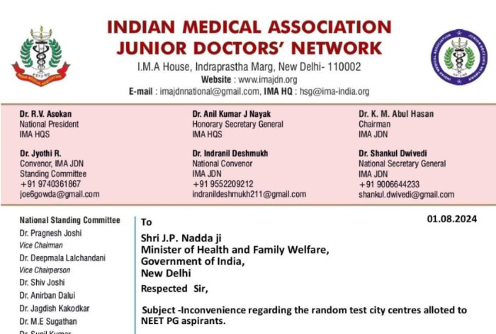 NEET PG 2024 Test Centre Row: IMA-Junior Doctors Network Writes Fresh ... NEET PG 2024 Test Centre Row: IMA-Junior Doctors Network Writes Fresh ...