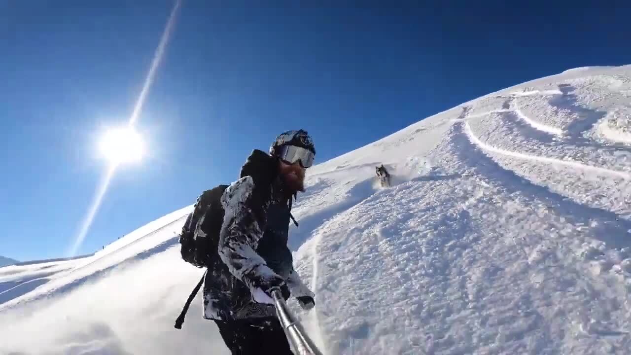 Man does snowboarding with dog in Swiss Alps