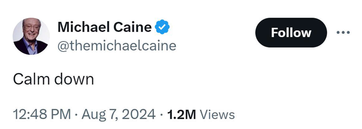 Sir Michael Caine shares iconic two-word message for UK race rioters Sir Michael Caine shares iconic two-word message for UK race rioters