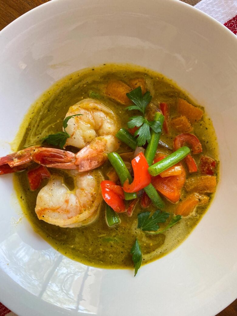 Coconut Sauce with Carrot Ginger Soup and Prawns