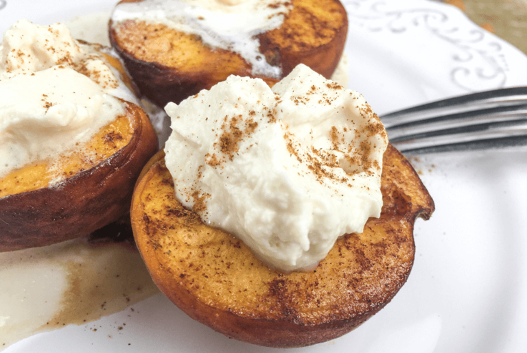 Best Ever Baked Peaches with Whipped Cream & Balsamic Drizzle