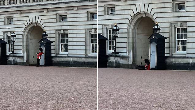 Buckingham Palace guard slips and lands on his bottom while on duty Buckingham Palace guard slips and lands on his bottom while on duty