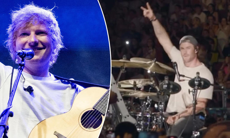 Chris Hemsworth shocks Ed Sheeran fans by playing drums during the ... Chris Hemsworth shocks Ed Sheeran fans by playing drums during the ...