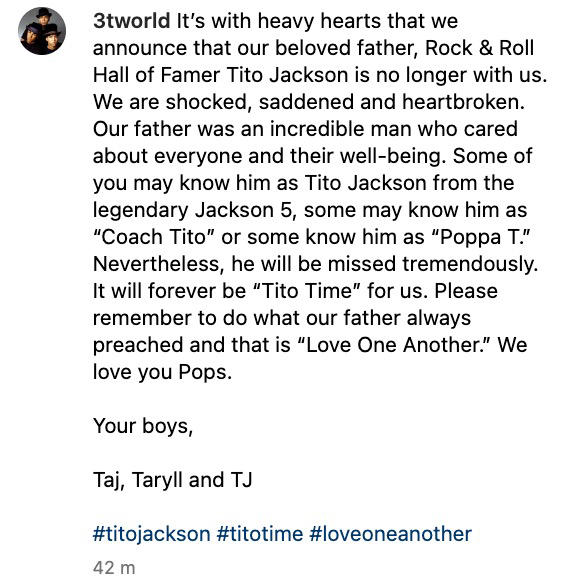 Tito Jacksons Sons Share Emotional Tribute After His Death At 70