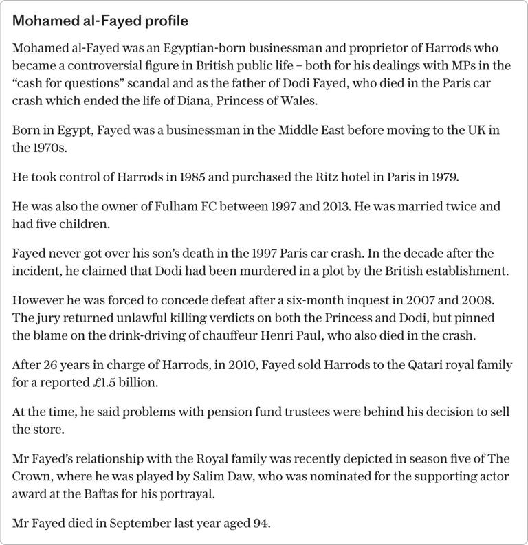 Five associates of Mohamed Fayed under investigation over sex abuse scandal