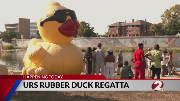 Rubber ducks float through downtown river for charity