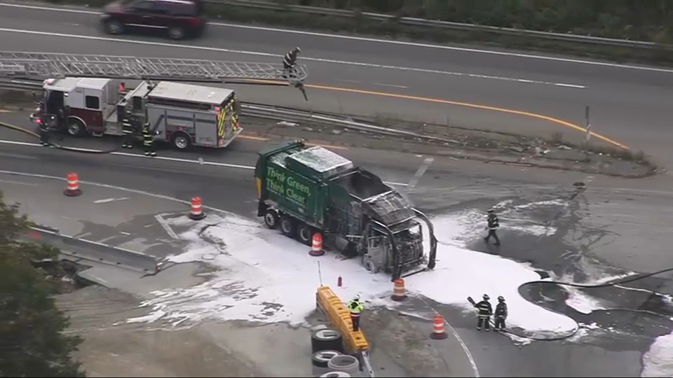 Garbage truck fire shuts highway in Taunton Garbage truck fire shuts highway in Taunton