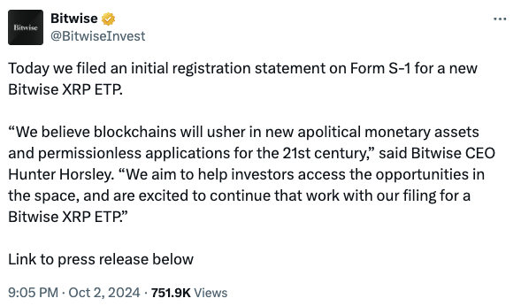 Bitwise Files Form S-1 for First XRP ETF with US SEC Bitwise Files Form S-1 for First XRP ETF with US SEC