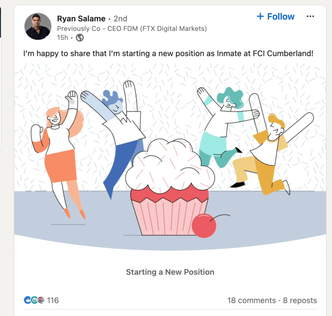 FTX’s Ryan Salame posts jokes on LinkedIn as he heads to prison FTX’s Ryan Salame posts jokes on LinkedIn as he heads to prison