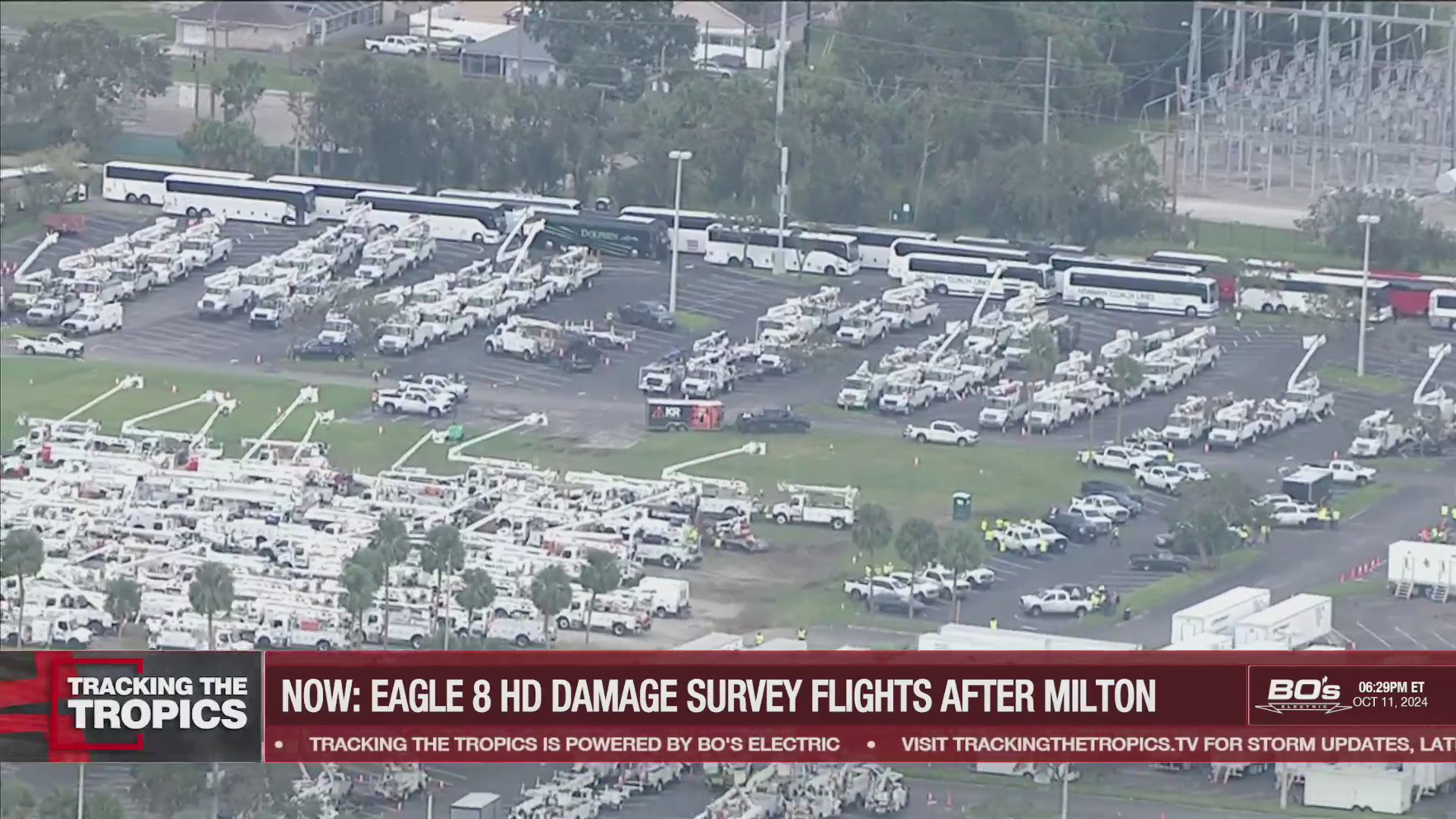 Power crews staged near Raymond James Stadium in Tampa Power crews staged near Raymond James Stadium in Tampa