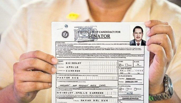 Quiboloy, 65 Senate bets get Comelec nod Quiboloy, 65 Senate bets get Comelec nod