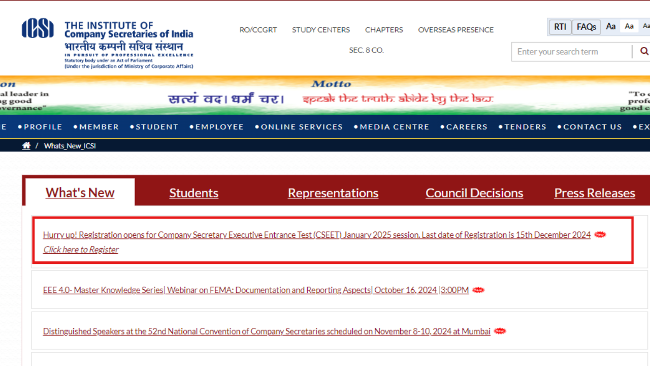 ICSI CSEET January 2025 session registration begins: Check direct link here ICSI CSEET January 2025 session registration begins: Check direct link here