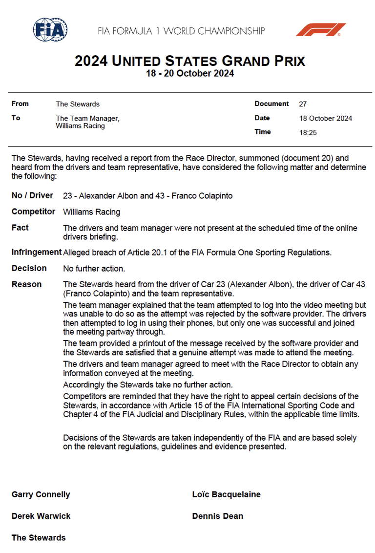 Stewards announce their verdict: Will Williams get a penalty? Stewards announce their verdict: Will Williams get a penalty?