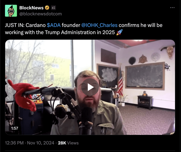 ADA price pumps 30% amid rumors of Cardano founder-Trump collaboration ADA price pumps 30% amid rumors of Cardano founder-Trump collaboration