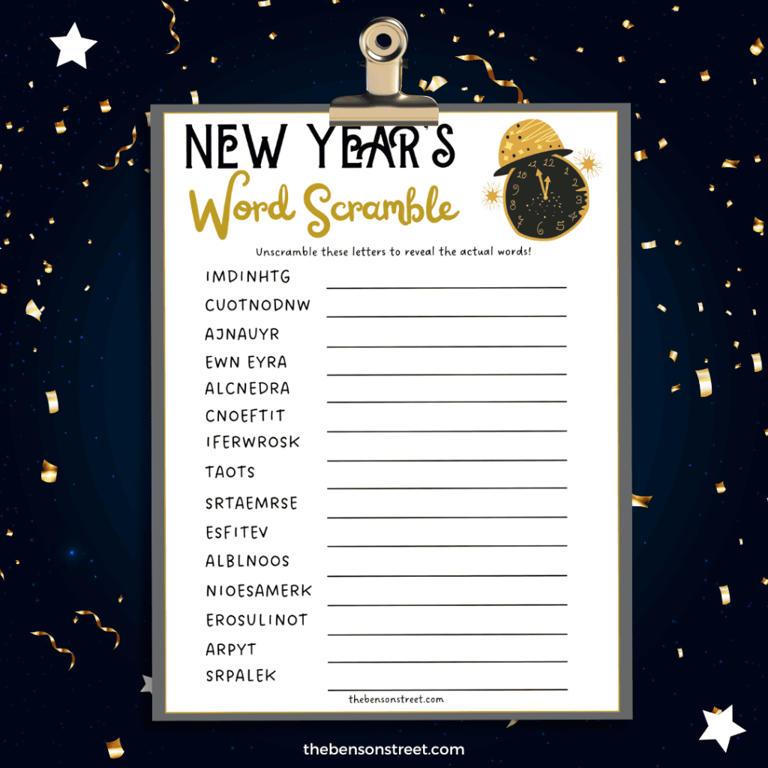 Free Printable New Year's Word Scramble Game
