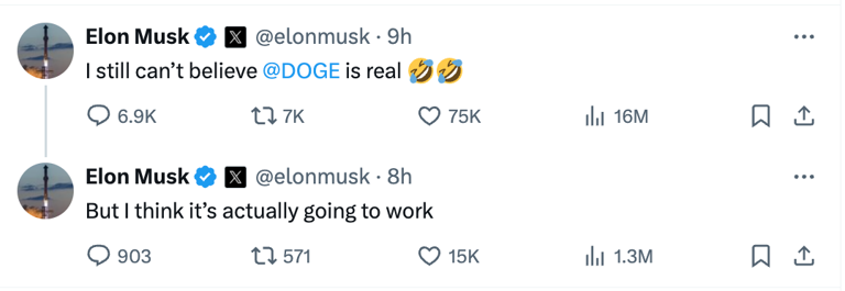 Elon Musk mocks own government efficiency department with ‘I can’t ... Elon Musk mocks own government efficiency department with ‘I can’t ...