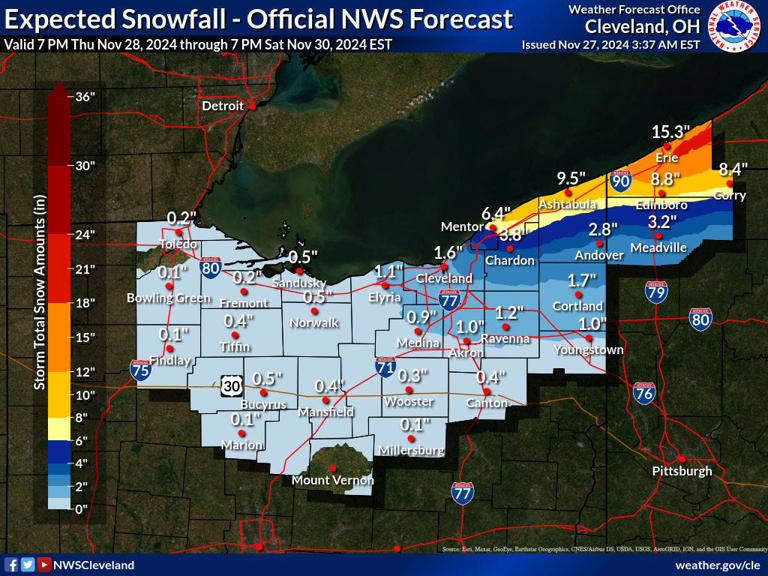 Lake effect snow forecast: Maps show projected snowfall in Ohio, Michigan, Pennsylvania, New York